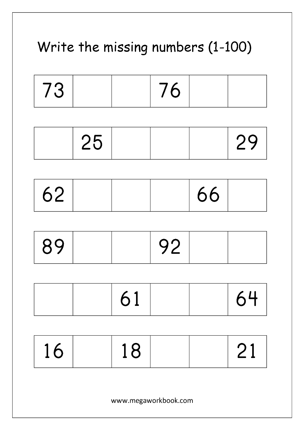 Missing Numbers Worksheets 1 100